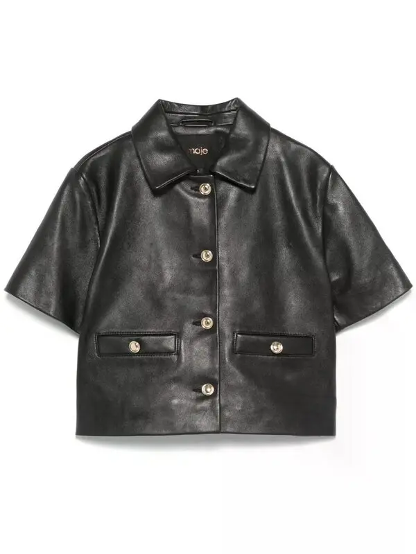 Maje Cropped Leather Jacket With Gold Button Detail - Black