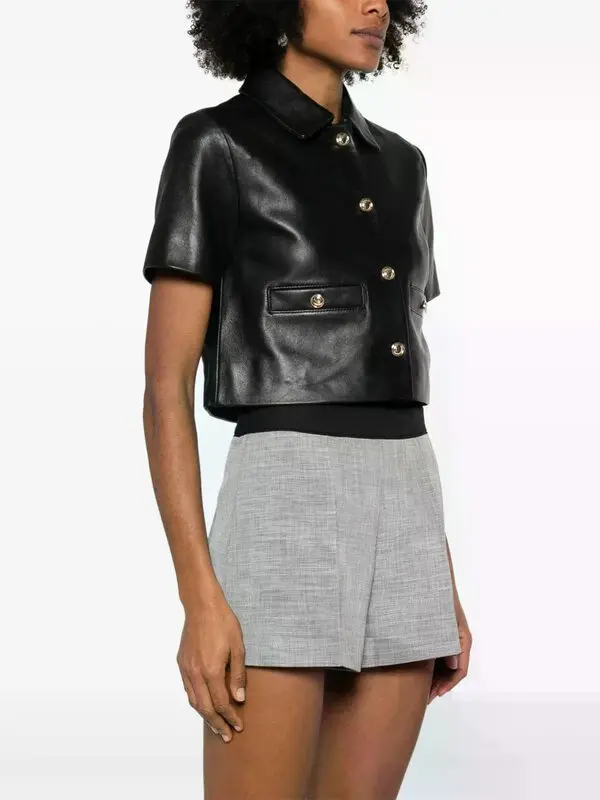 Maje Cropped Leather Jacket With Gold Button Detail - Black