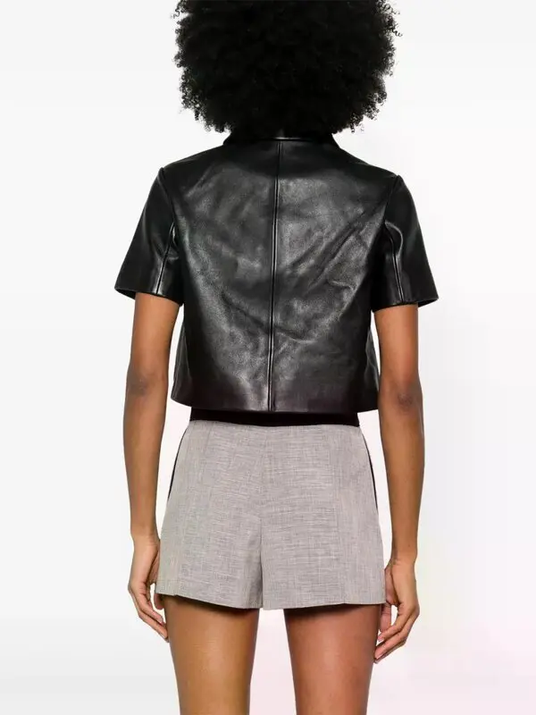 Maje Cropped Leather Jacket With Gold Button Detail - Black