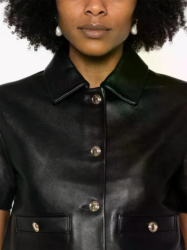 Maje Cropped Leather Jacket With Gold Button Detail - Black