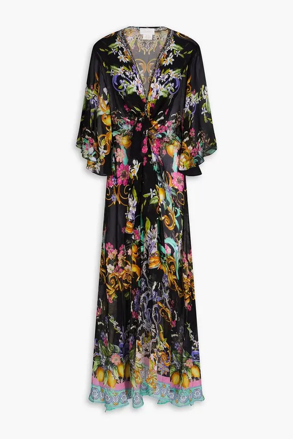 camilla silk wrap dress Asymmetric crystal-embellished ruffled silk maxi wrap dress - blue