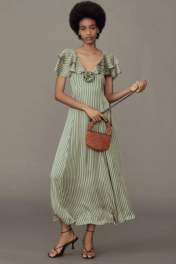 Mille Lucie Flutter-Sleeve V-Neck Midi Dress In Green - 50% Off |  Editorialist