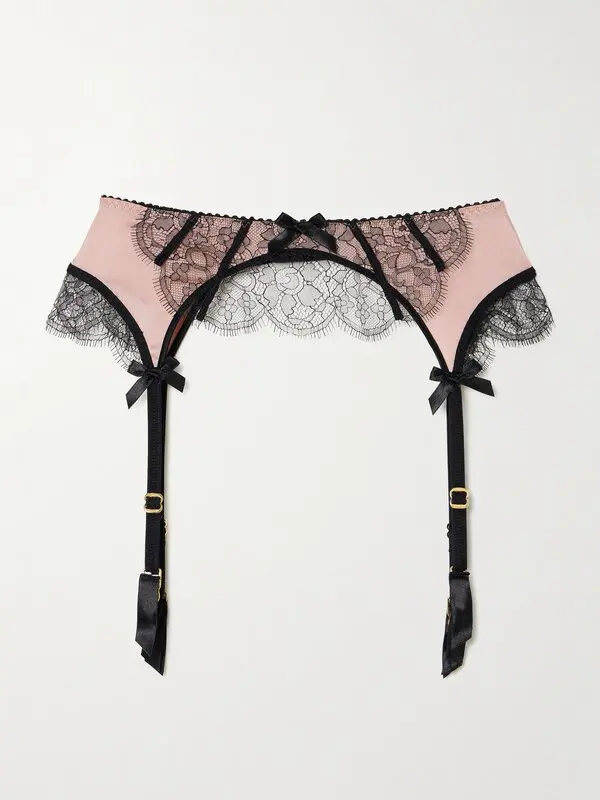 Agent Provocateur Sammi Bow-embellished Leavers Lace-trimmed Stretch Silk-satin Suspenders - Pink