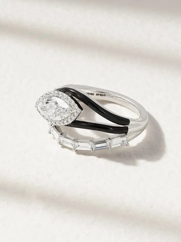 KAMYEN Wave 18-karat White Gold, Diamond And Enamel Ring - Black