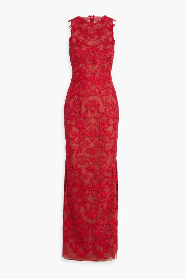Marchesa Floral-appliquéd Corded Lace Gown - Red