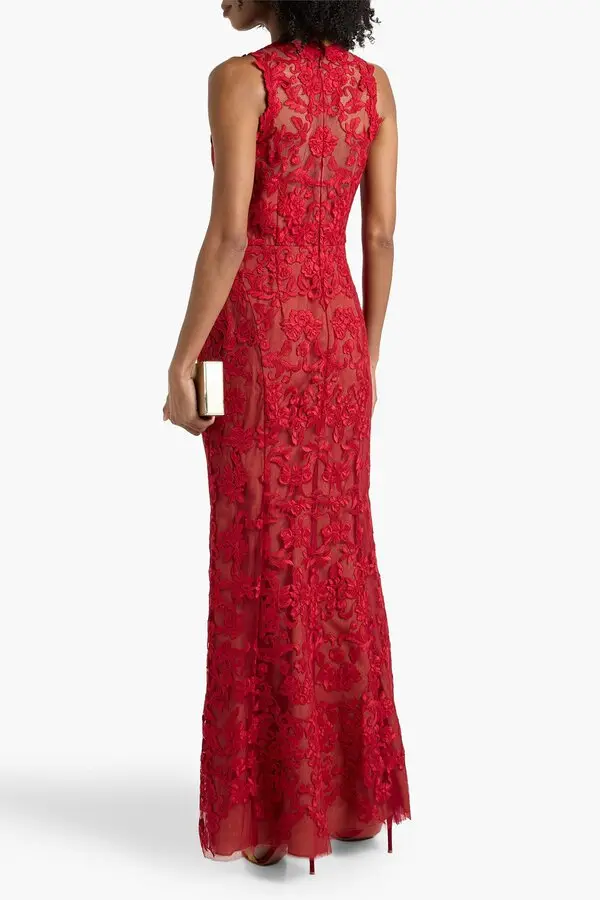 Marchesa Floral-appliquéd Corded Lace Gown - Red