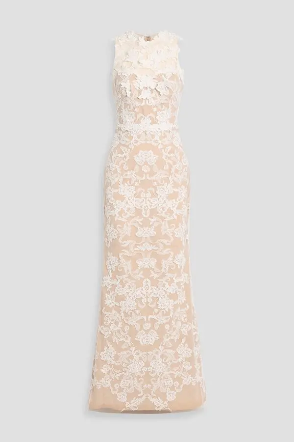 Marchesa Appliquéd Corded Lace Gown - White