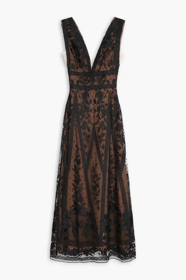 Marchesa Tulle-trimmed Guipure Lace Midi Dress - Black