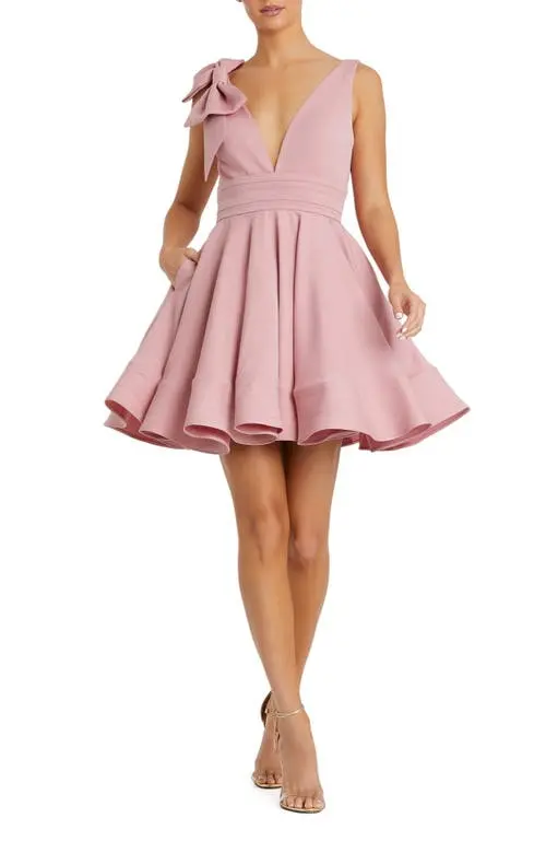Mac Duggal Plunging V-neck Mini Dress With Bow Detail - Rose