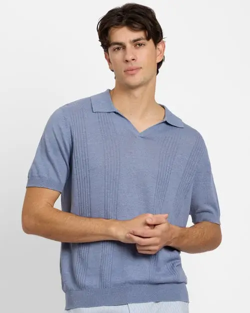 Onia Linen Johnny Collar Polo Sweater - Soft Blue