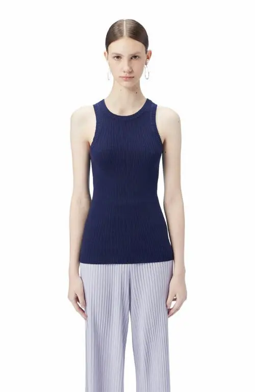 Gobi Cashmere Ribbed Cotton Silk Cashmere Blend Tank Top - Navy