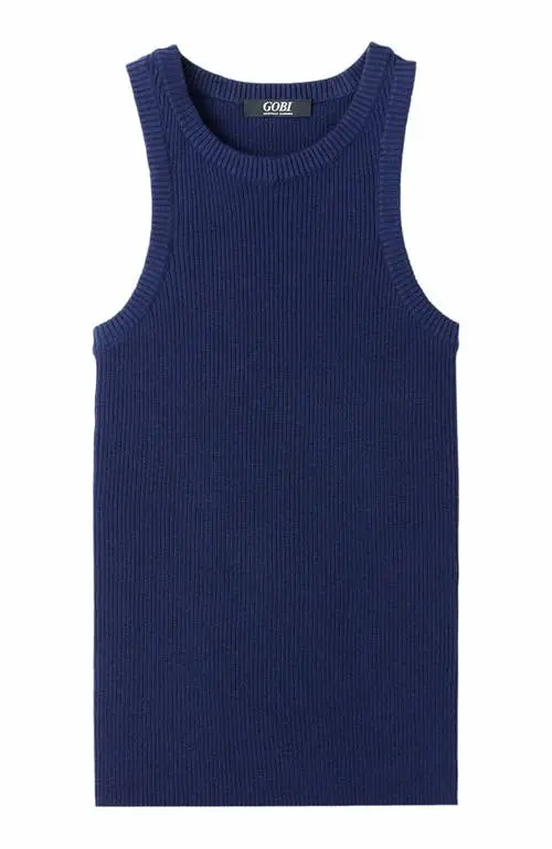 Gobi Cashmere Ribbed Cotton Silk Cashmere Blend Tank Top - Navy