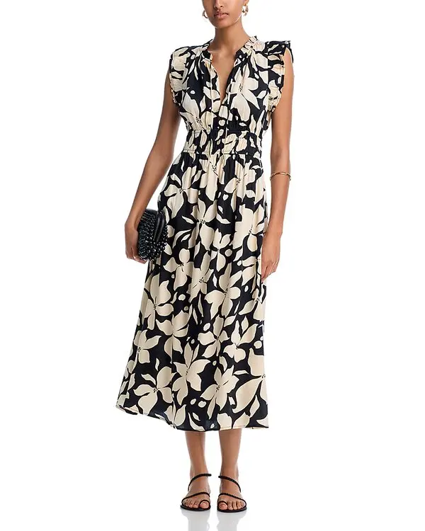 Aqua Floral Short Sleeve Midi Dress - Black/ivory