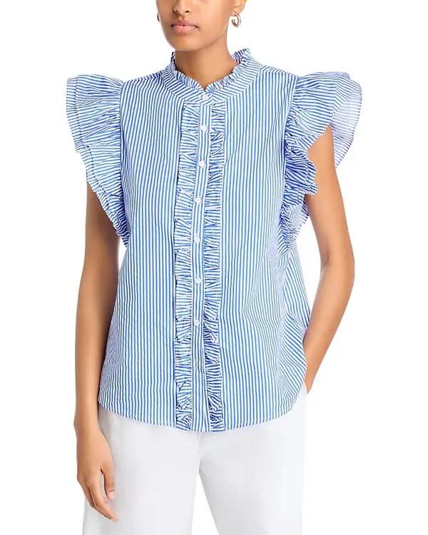 Aqua Stripe Poplin Ruffle Top
