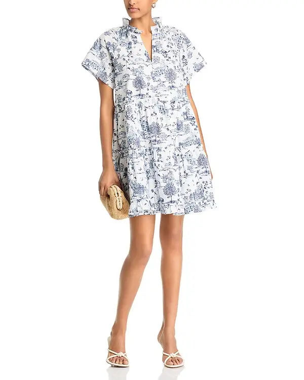 Aqua Toile Short Sleeve Mini Dress - Navy/wite