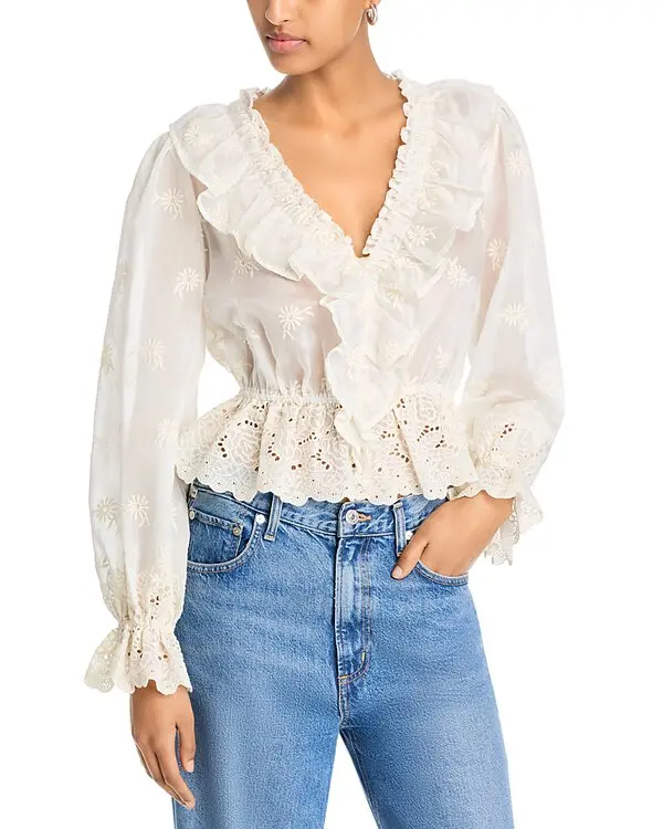 Aqua Long Sleeve Ruffle Blouse