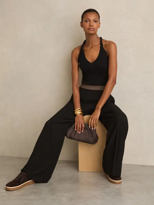 REISS Wide-leg Elasticated-waist Trousers - Black
