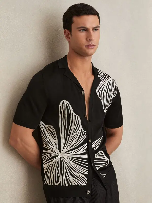 REISS Laurent Flower Embroidered Knit Shirt - Black