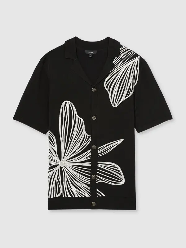 REISS Laurent Flower Embroidered Knit Shirt - Black