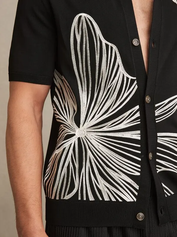 REISS Laurent Flower Embroidered Knit Shirt - Black