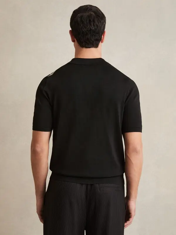 REISS Laurent Flower Embroidered Knit Shirt - Black