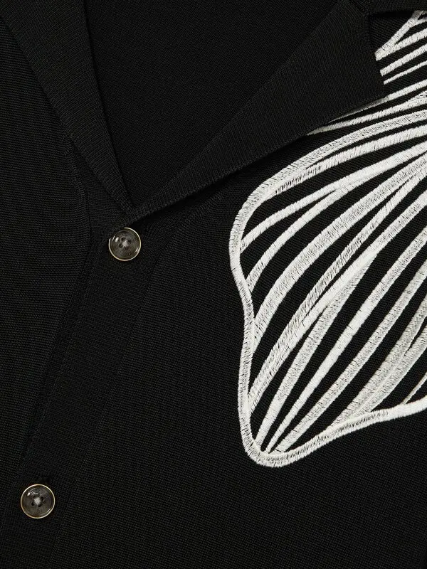 REISS Laurent Flower Embroidered Knit Shirt - Black