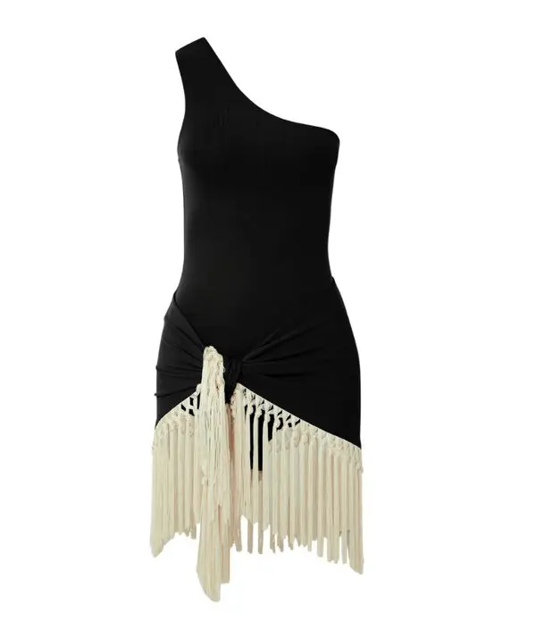 TALLER MARMO Yacare One-shoulder Swimsuit And Fringed Pareo Set - Black