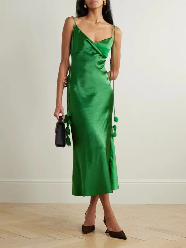 self portrait green satin dress Green Metallic Tie Neck Maxi Dress  self-portrait-US