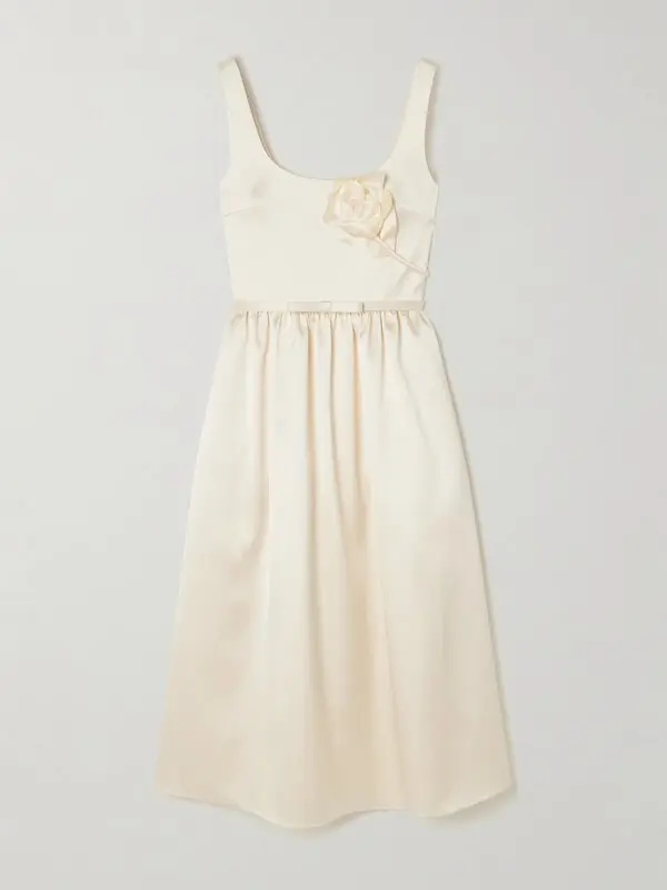 SELF-PORTRAIT Appliquéd Belted Satin Midi Dress - Neutrals