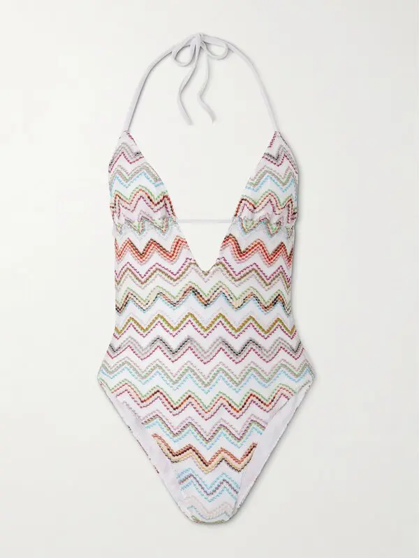 Missoni Striped Metallic Crochet-knit Halterneck Swimsuit - White
