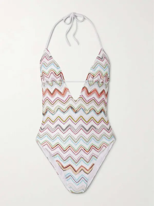 Missoni Striped Metallic Crochet-knit Halterneck Swimsuit - White