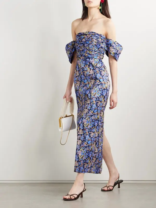 KIKA VARGAS Adele Off-the-shoulder Ruched Floral-print Taffeta Midi Dress
