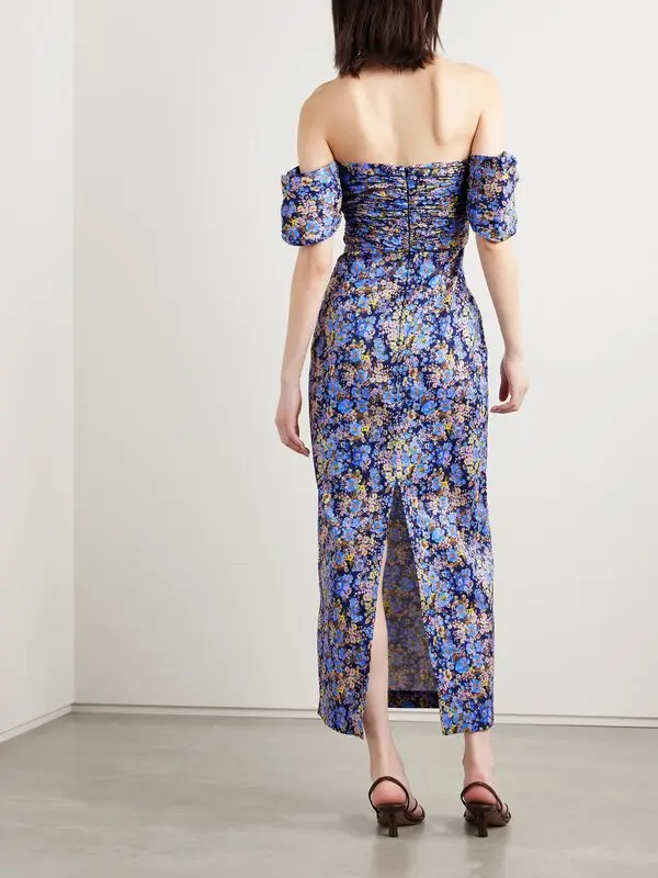 KIKA VARGAS Adele Off-the-shoulder Ruched Floral-print Taffeta Midi Dress