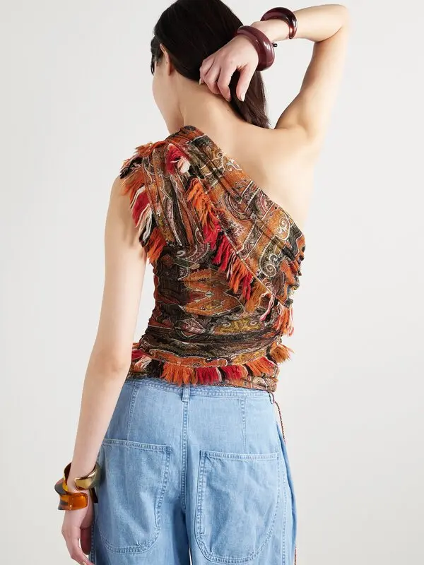 Isabel Marant Devona One-shoulder Fringed Wrap-effect Paisley-print Mesh Tank - Burgundy