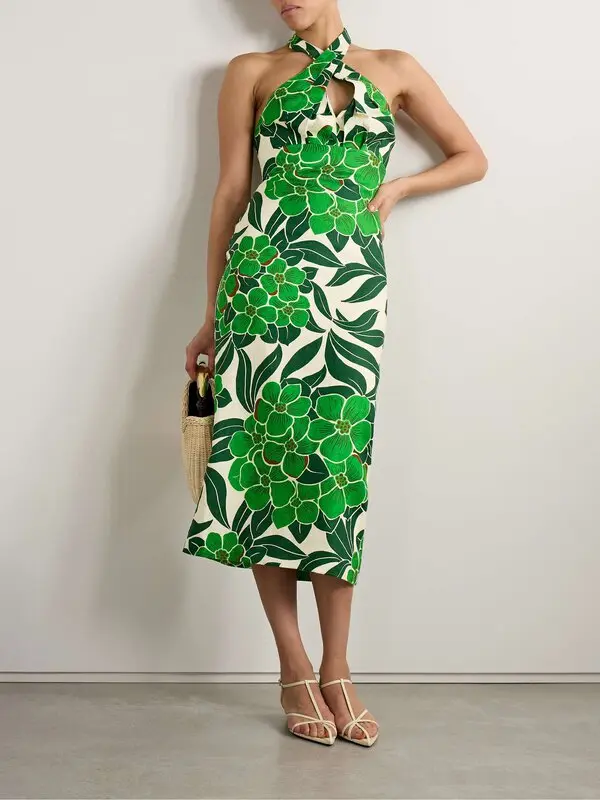 Cara Cara Perla Printed Linen Halterneck Midi Dress