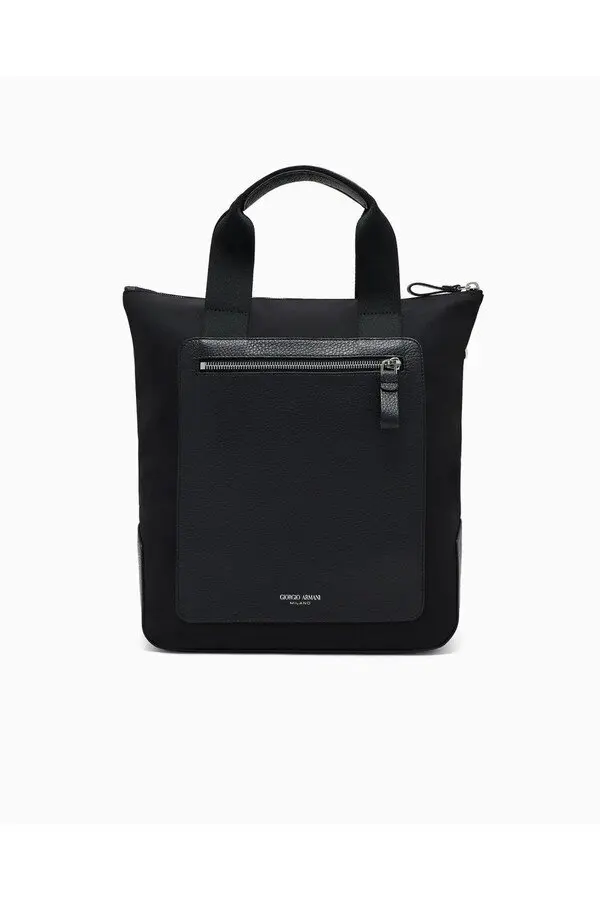 Giorgio Armani Small Shopper Bag In Recycled Nylon And Leather - Black