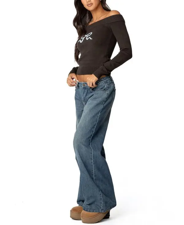 EDIKTED Tj Off-the-shoulder Knit Top With Bow Detail - Dark Gray