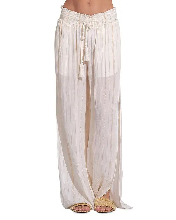 Elan Sheer Wide Leg Cover Up Pants - White W/ Stripe