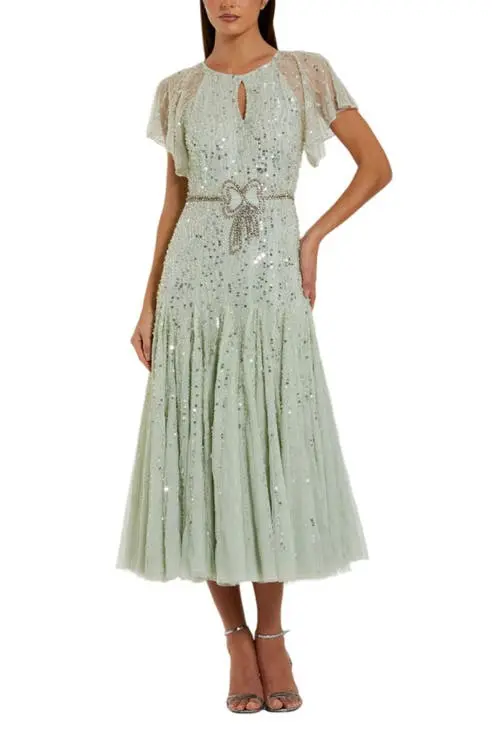 Mac Duggal Embellished Bow Flutter Sleeve A-line Midi Dress - Seafoam