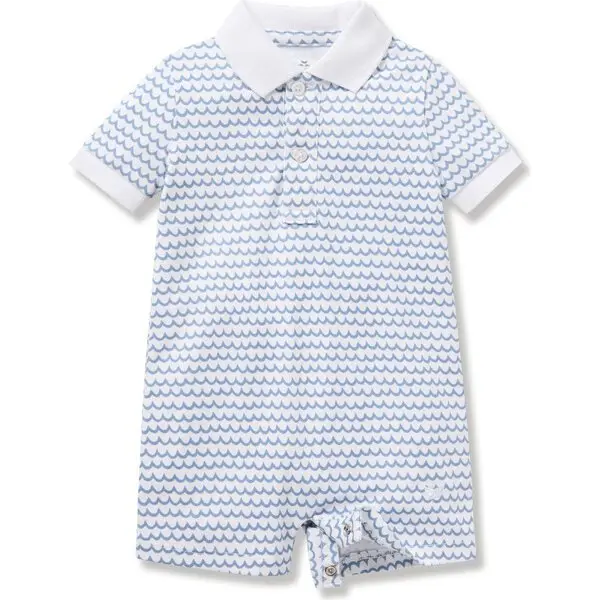 PETITE PLUME Wave Print Pima Cotton Polo Romper - Blue