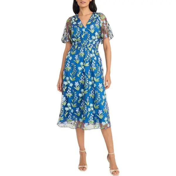 Maggy London Embroidered Flutter Sleeve Dress - Blue/ Green