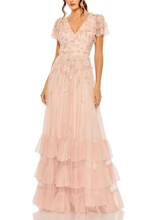 Mac Duggal Ruffle Tiered Embellished Faux Wrap Flutter Sleeve Gown - Blush
