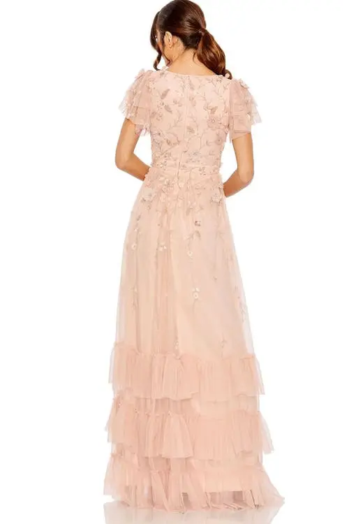 Mac Duggal Ruffle Tiered Embellished Faux Wrap Flutter Sleeve Gown - Blush
