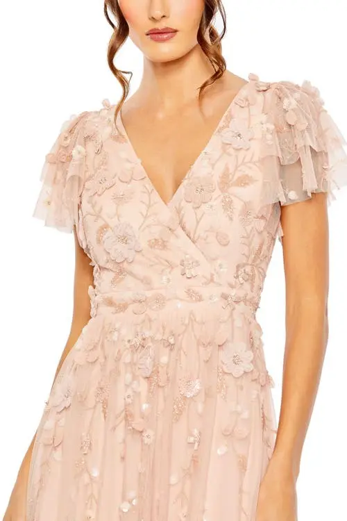 Mac Duggal Ruffle Tiered Embellished Faux Wrap Flutter Sleeve Gown - Blush