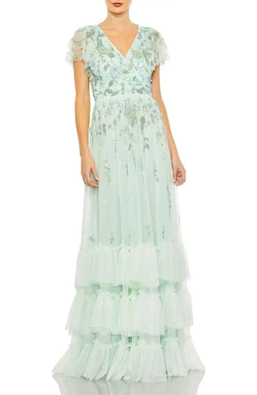 Mac Duggal Ruffle Tiered Embellished Faux Wrap Flutter Sleeve Gown - Seafoam