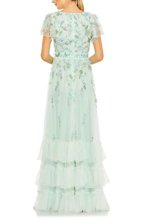 Mac Duggal Ruffle Tiered Embellished Faux Wrap Flutter Sleeve Gown - Seafoam