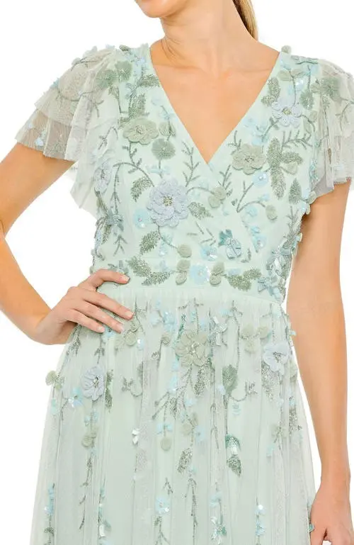 Mac Duggal Ruffle Tiered Embellished Faux Wrap Flutter Sleeve Gown - Seafoam