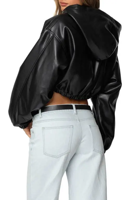 EDIKTED Crop Faux Leather Hooded Jacket