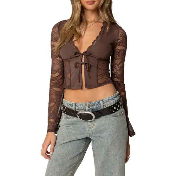 EDIKTED Stephi Lace Split Front Crop Top