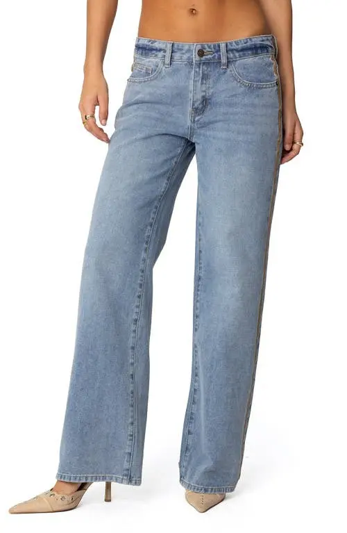 EDIKTED Faux Suede Stripe Wide Leg Jeans - Blue